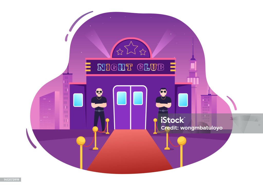 People Big And Bald Bouncers Standing Outside The Entrance To The Night
