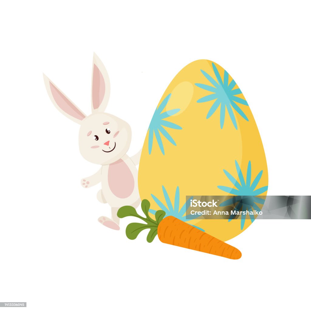 Bunny Character Looks Out From Egg Funny Happy Easter Rabbit Stock