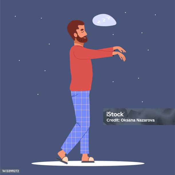 Young Man In Pajama Sleepwalking At Night Stock Illustration Download