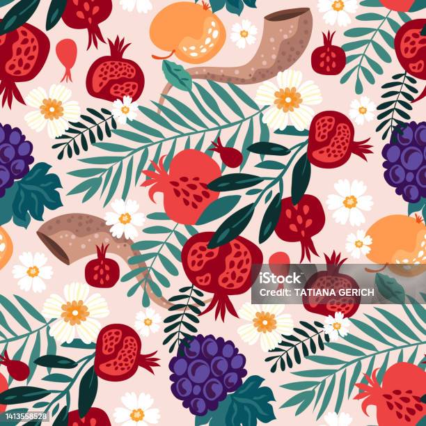 Rosh Hashanah Shana Tova Jewish New Year Holiday Seamless Pattern Stock