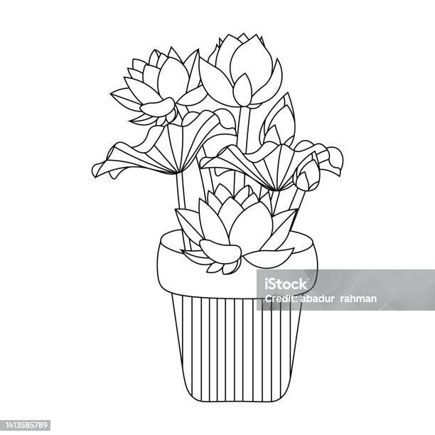 Fleur De Nénuphar Avec Vase Et Pot Coloriage Page Design Dessin Au