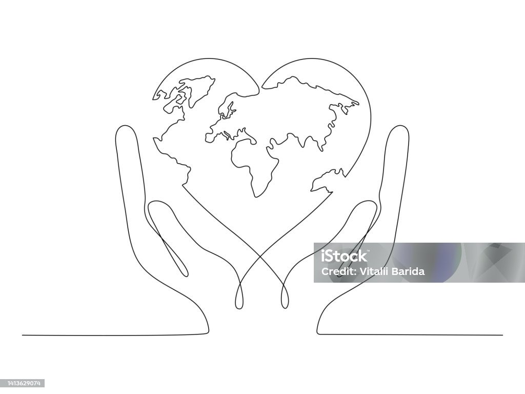 Human Hands Holding Earth Globe Continuous Line Art Drawing In Heart