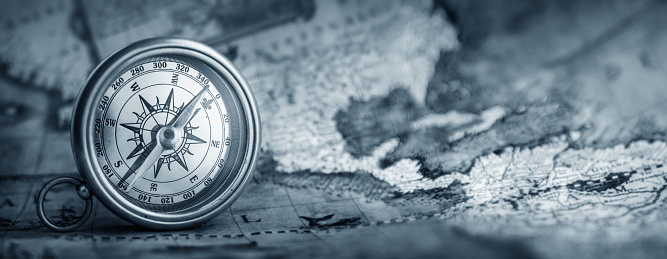 Magnetic Old Compass On World Maptravel Geography Navigation Tourism