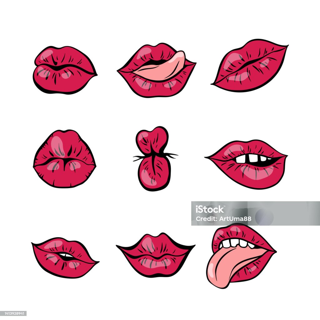Set Of Red Female Lips With Retro Pop Art Style Mouth With A Kiss A Smile A Tongue Teeth Vector