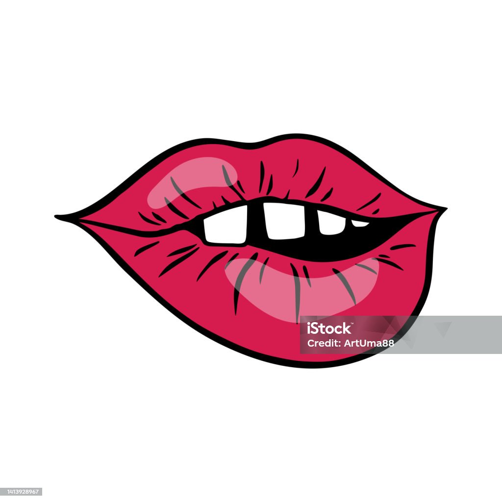 Bright Red Female Lips In Retro Pop Art Style An Open Mouth With A Lip