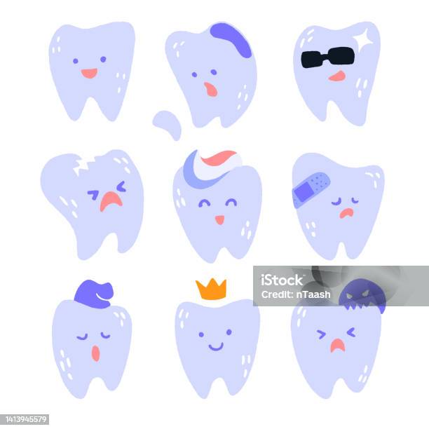 Cute Tooth Set Hand Drawn Cartoon Characters With Different Emotions