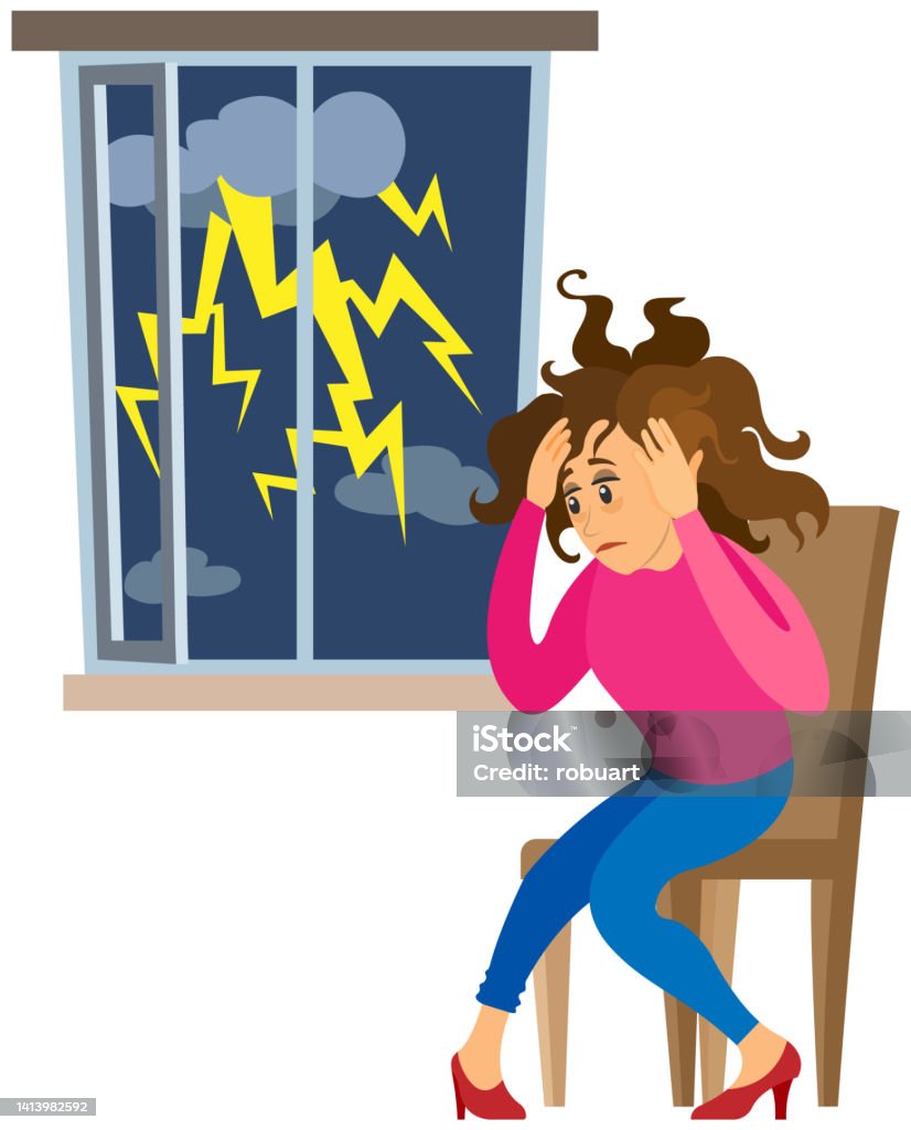 Terrified Woman Shocked By Thunder And Lightning Girl Frightened By