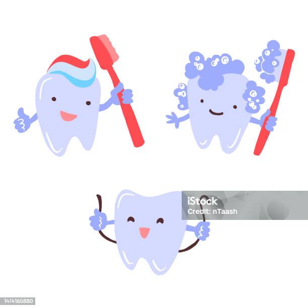 Cute Tooth Set Hand Drawn Cartoon Characters With Different Emotions