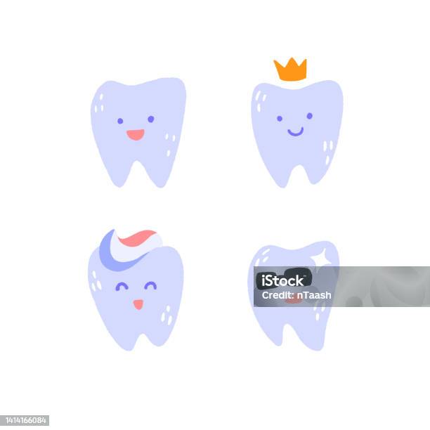 Cute Tooth Set Hand Drawn Cartoon Characters With Different Emotions