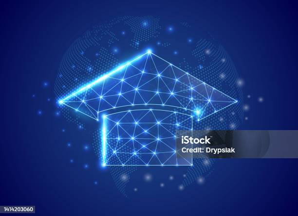 Casquette De Graduation 3d Symbole Low Poly Avec Fond Bleu De Carte Du