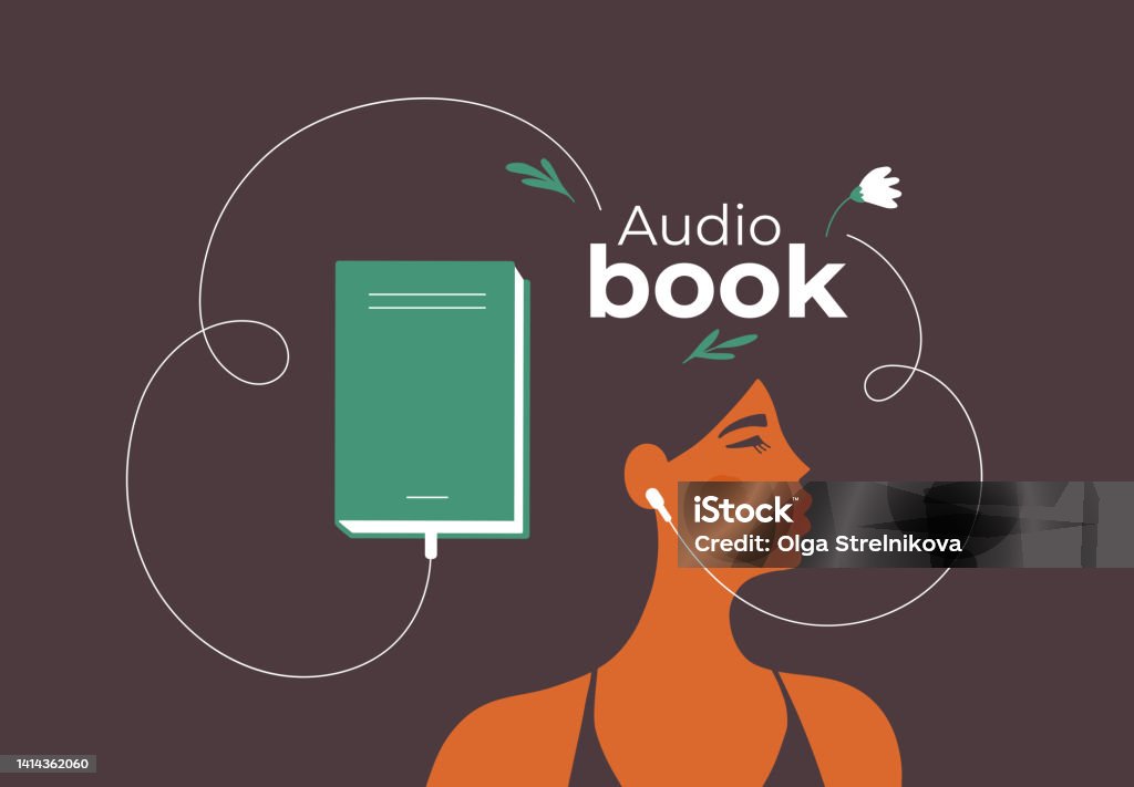 Audio Book Vector Illustration Concept With Young Woman In Earphones