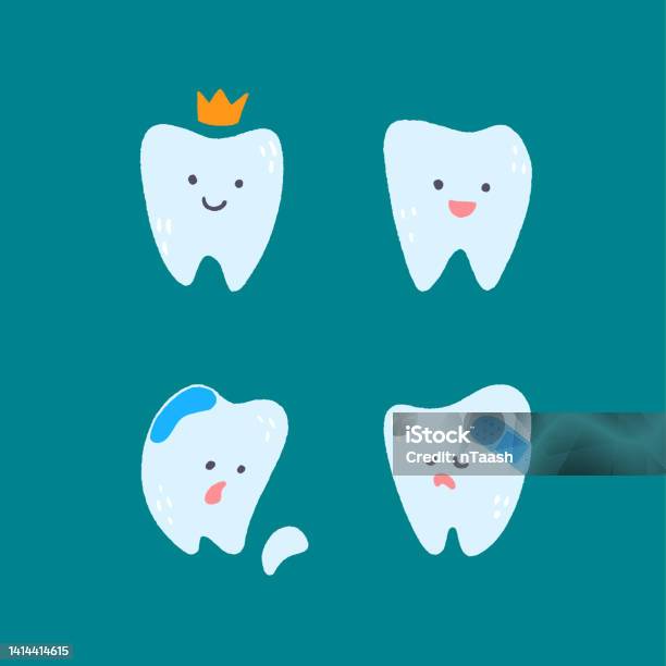 Cute Teeth Set Hand Drawn Cartoon Characters With Different Emotions
