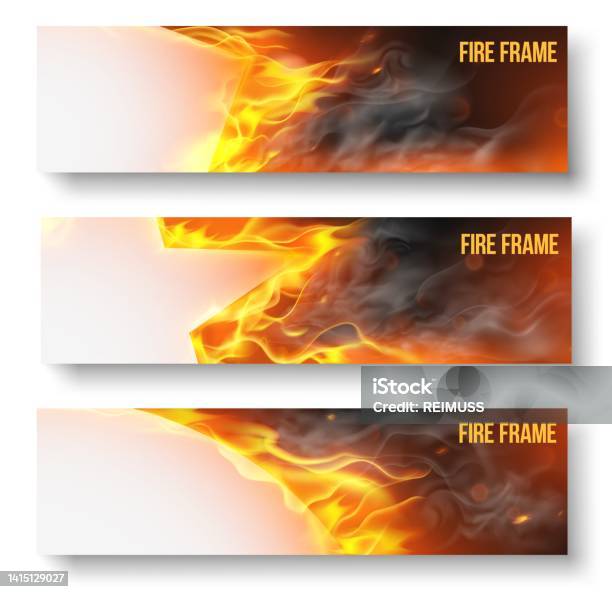 Ilustrasi Set Spanduk Api Api Spanduk Kertas Yang Terbakar Dengan Api
