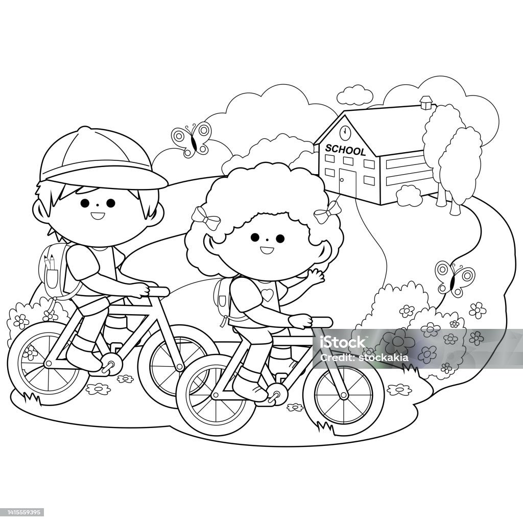 Ilustración De Niños Que Van En Bicicleta A La Escuela Dibujo Vectorial En Blanco Y Negro Para