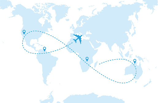Un Avion Bleu Survolant Une Carte Du Monde Bleue Icônes De Ligne