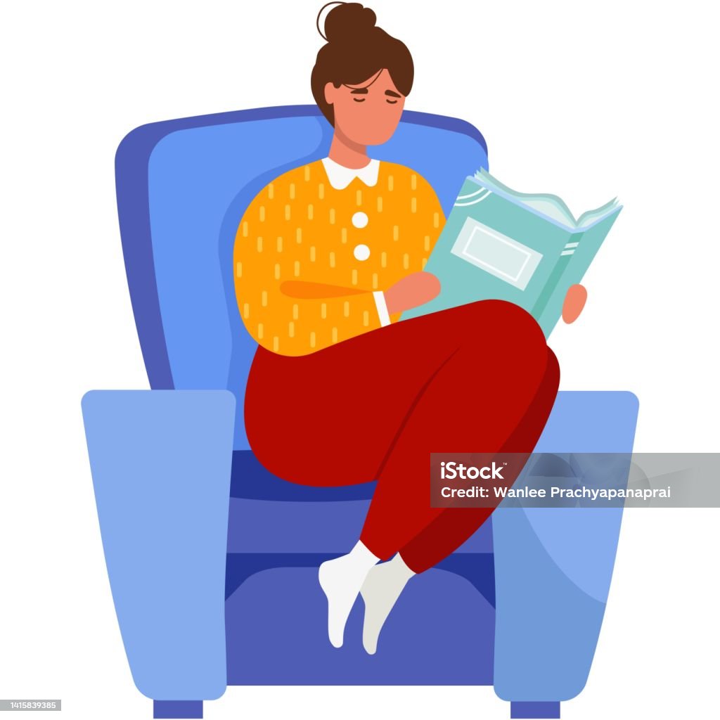 Woman Reading Book Sitting In Armchair Vector Icon Stock Illustration