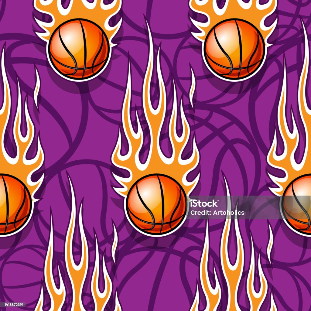 Bola Basket Dan Api Suku Menembakkan Pola Mulus Vektor Grafis Wallpaper Tekstil Dan Desain