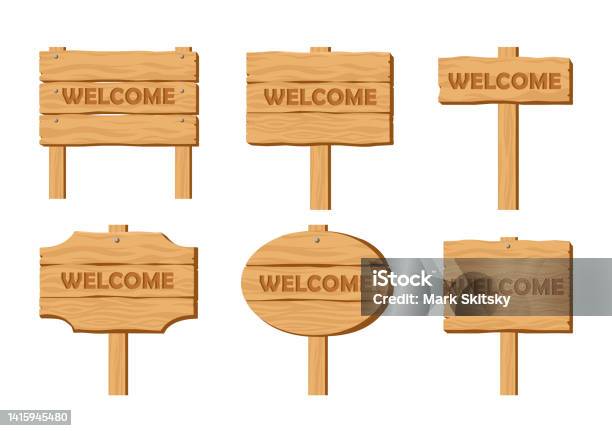 Ensemble Dillustration Vectorielle De Poteau De Bienvenue En Bois Dans