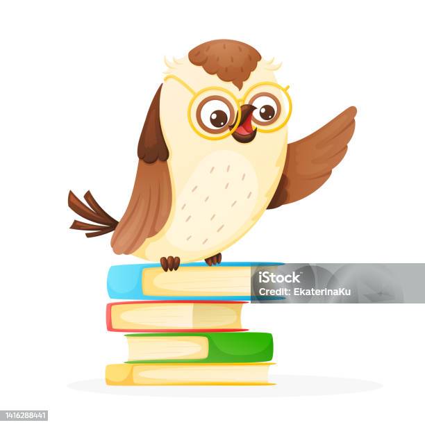 Kartun Burung Hantu Bijak Duduk Di Atas Tumpukan Buku Vektor Kembali Ke