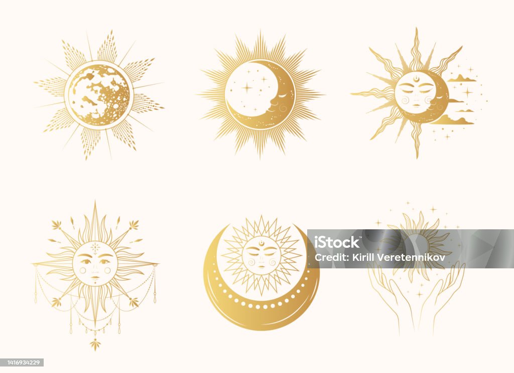 Collection Dor Du Soleil Céleste Et De La Lune Ensemble Isolé De 6