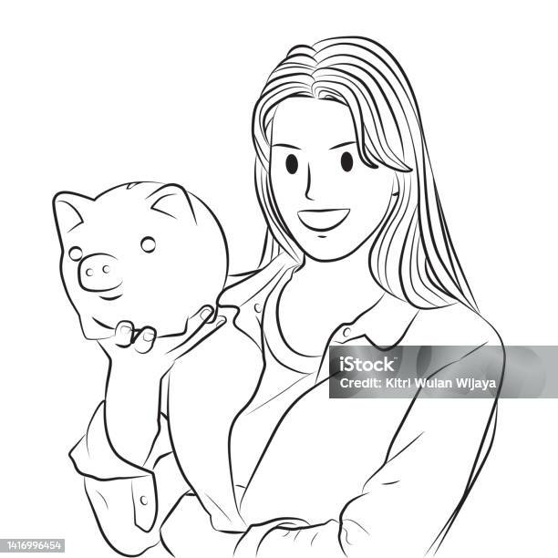 Femme Avec Tirelire Ligne Art Contour Dessin Dessin Animé Illustration