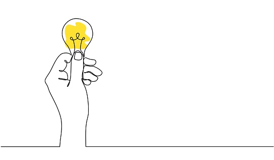 Dessin Au Trait Continu De Lampoule Électrique Tenant La Main Métaphore
