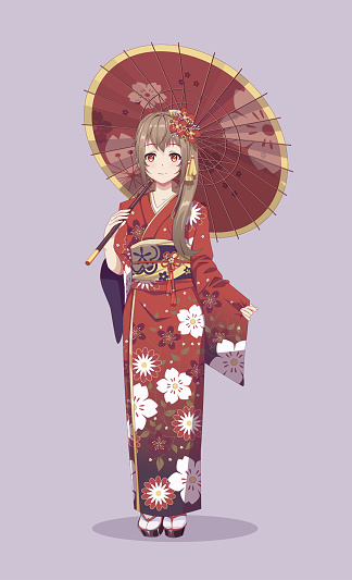 Gadisgadis Manga Anime Dengan Kostum Kimono Tradisional Jepang Memegang