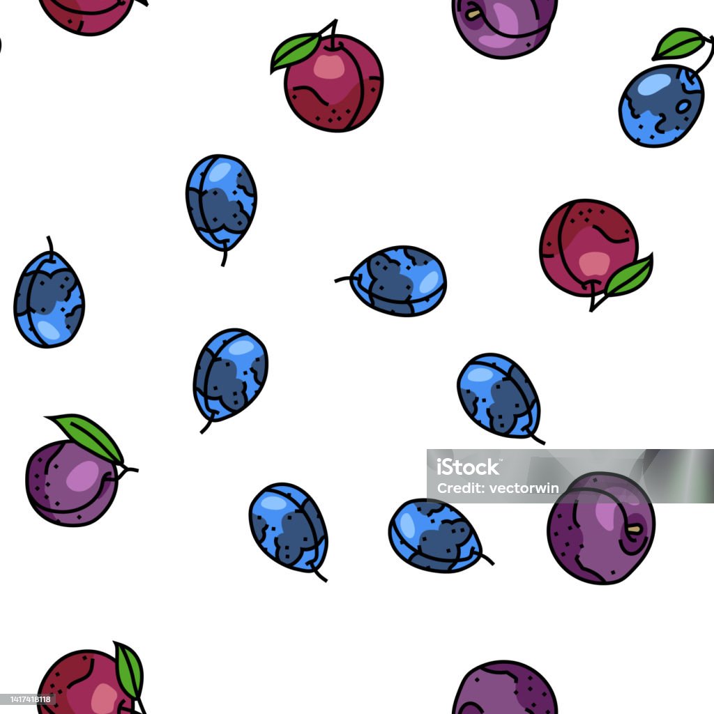 Plum Fruit Green Red Prune Vector Seamless Pattern Stock Illustration