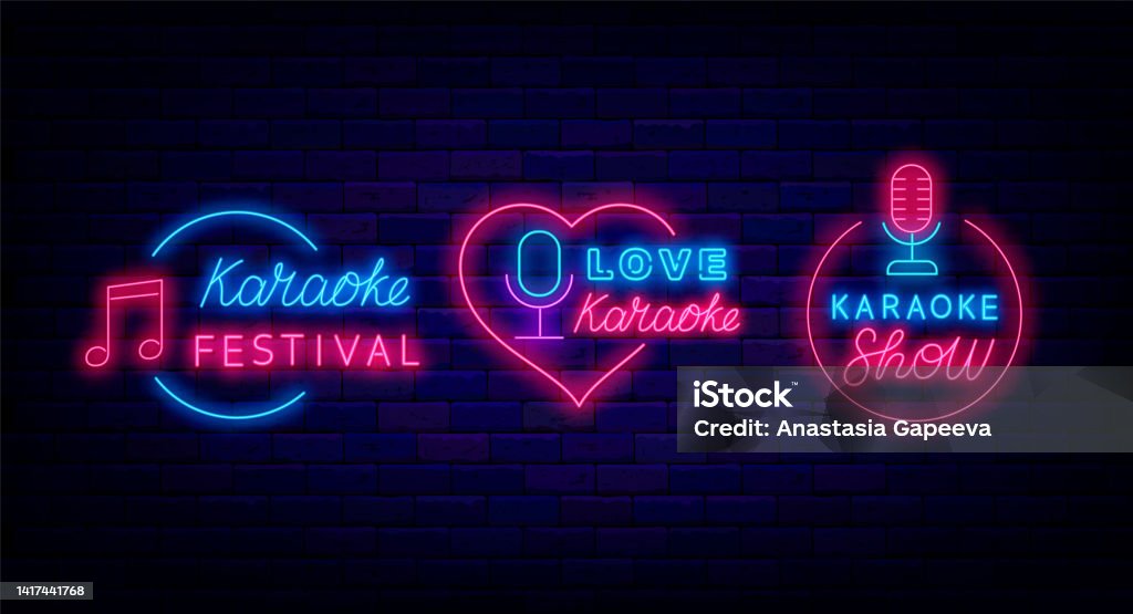 Karaoke Festival Neon Labels Collection Glowing Emblems Set Signs With