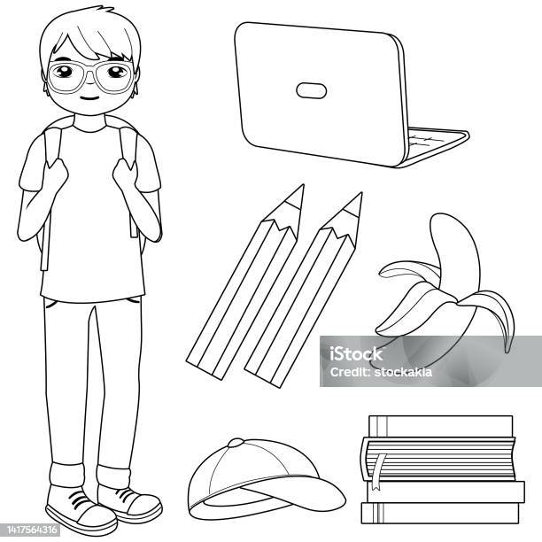Garçon Délève Et Ensemble Dobjets Scolaires Coloriage Vectoriel Noir Et