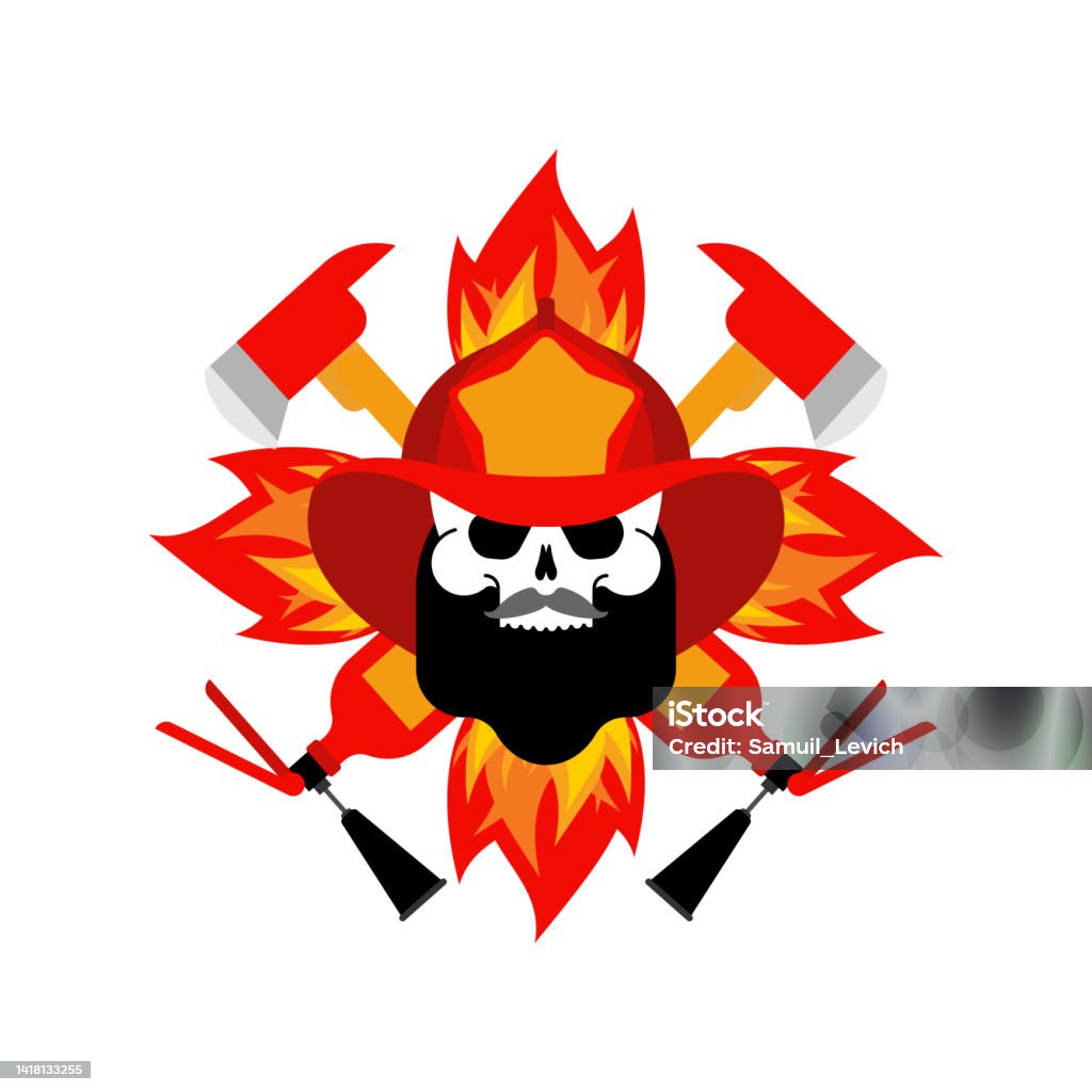 Crâne De Pompier Dans Le Signe Du Casque Hache De Feu Et Flamme Symbole