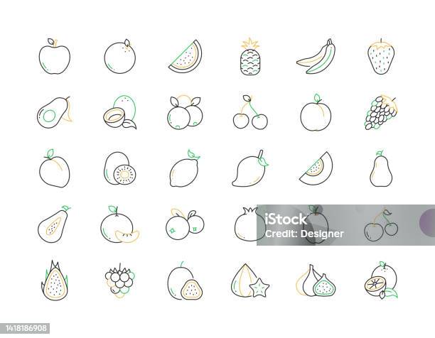 Icônes De Ligne Mince Vectorielles Liées À Fruits Collection De