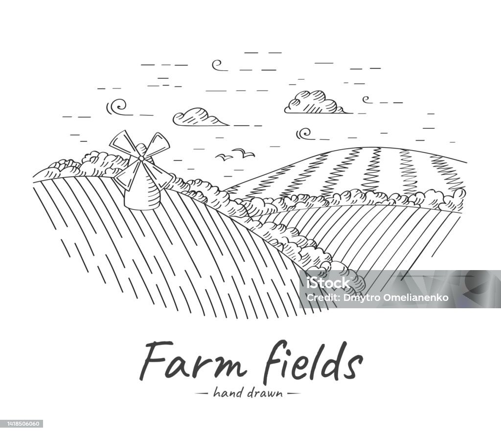 Ilustración De Ilustración Vectorial Dibujada A Mano De Campos Y Molino Y Más Vectores Libres De