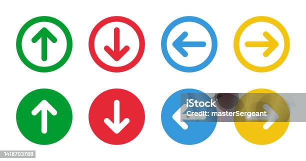 Green Up Red Down Blue Left Yellow Right Arrows Round Vector Icons Set