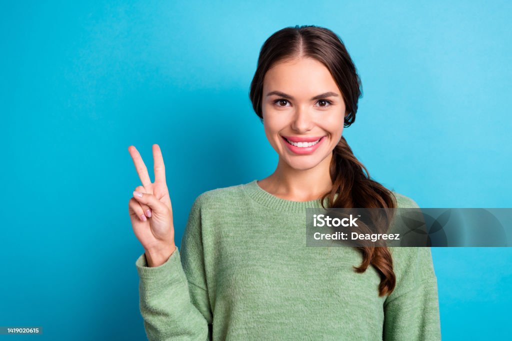 Photo Of Adorable Positive Lady Toothy Smile Hand Fingers Demonstrate