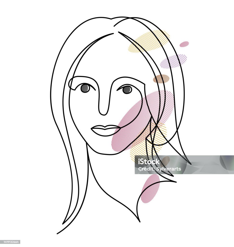 Beautiful Face Of Attractive Woman Vector Linear Drawing Sensitive