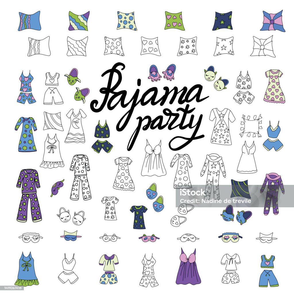 Set Of Doodlestyle Drawings For The Design Of A Pajama Party And A
