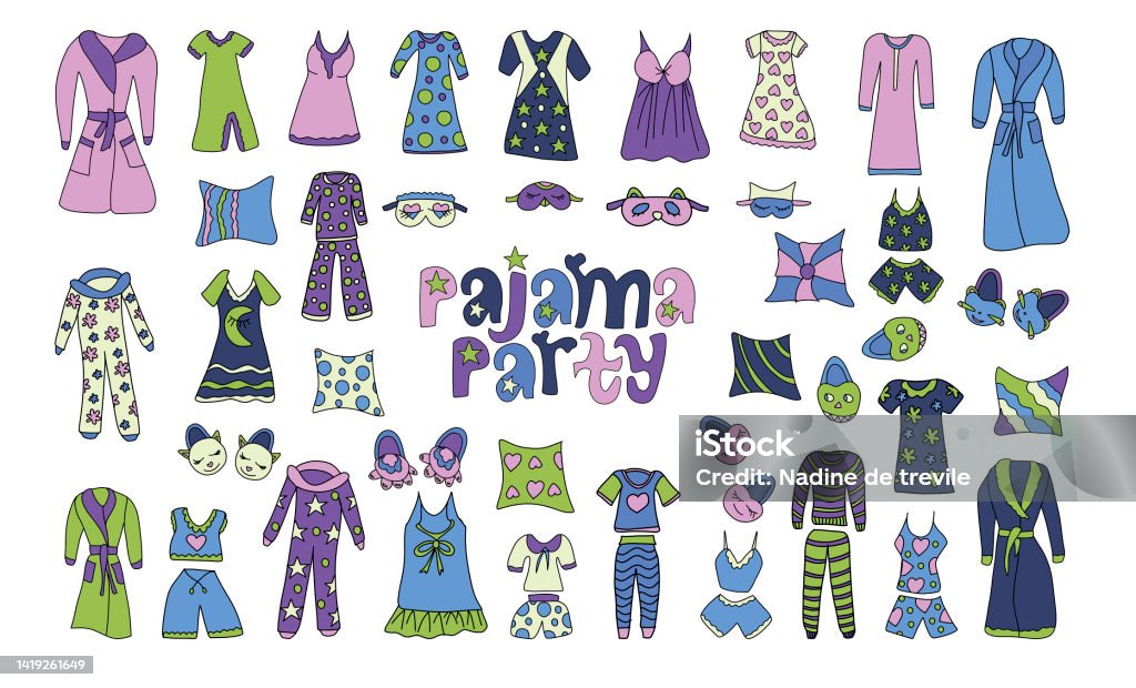 Set Of Cute Drawings Of Pajamas Slippers Dressing Gowns And Nightgowns