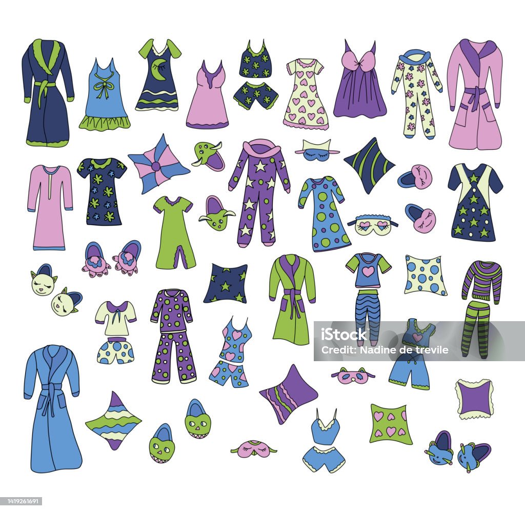 Set Of Doodlestyle Drawings For The Design Of A Pajama Party And A