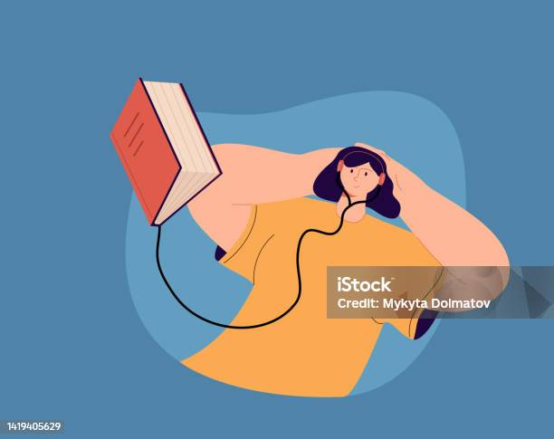 Audio Book Vector Illustration Young Woman Listening Audiobook Female