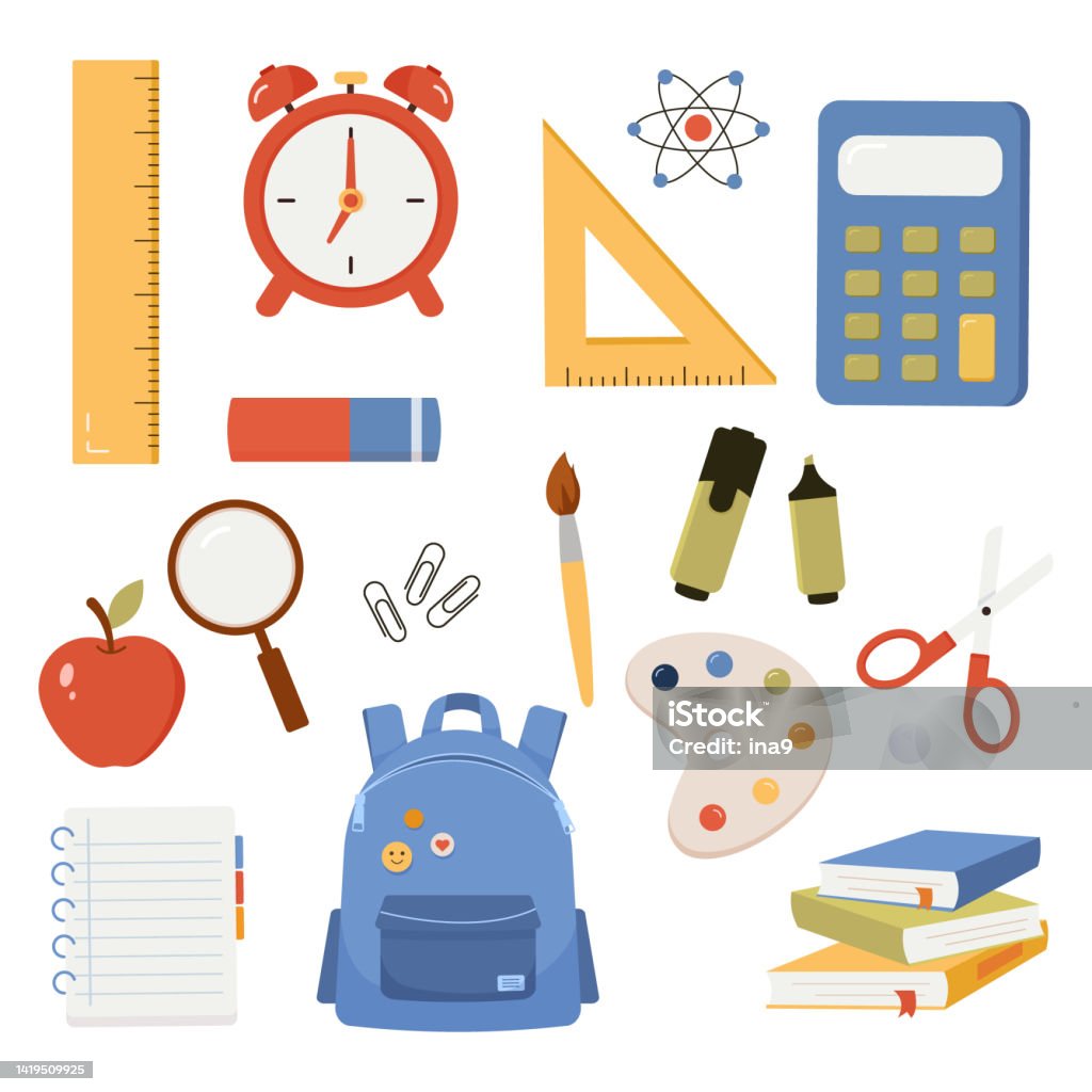 School Supplies And Items Set Isolated On White Background Back To