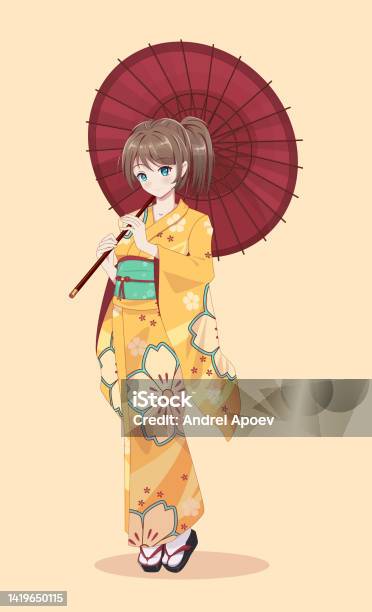 Anime Manga Girls In Traditional Japanese Kimono Costume Holding Paper Umbrella Vector