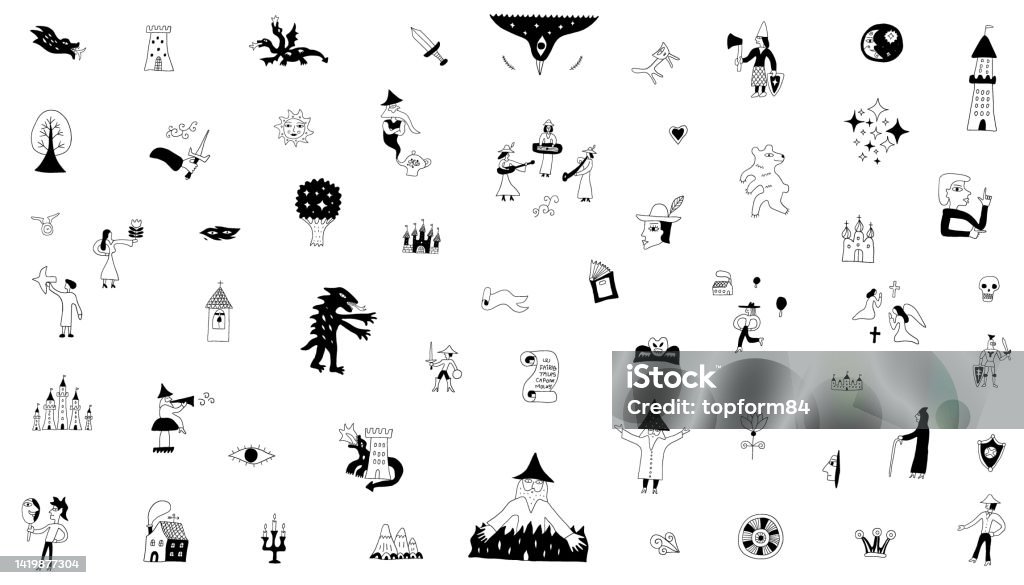 Collection Of Vector Fairy Tale Elements Icons And Symbols Hand Drawn