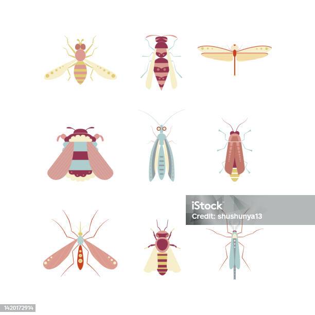 Geometric Colorful Insects Flat Vector Illustrations Set Stock