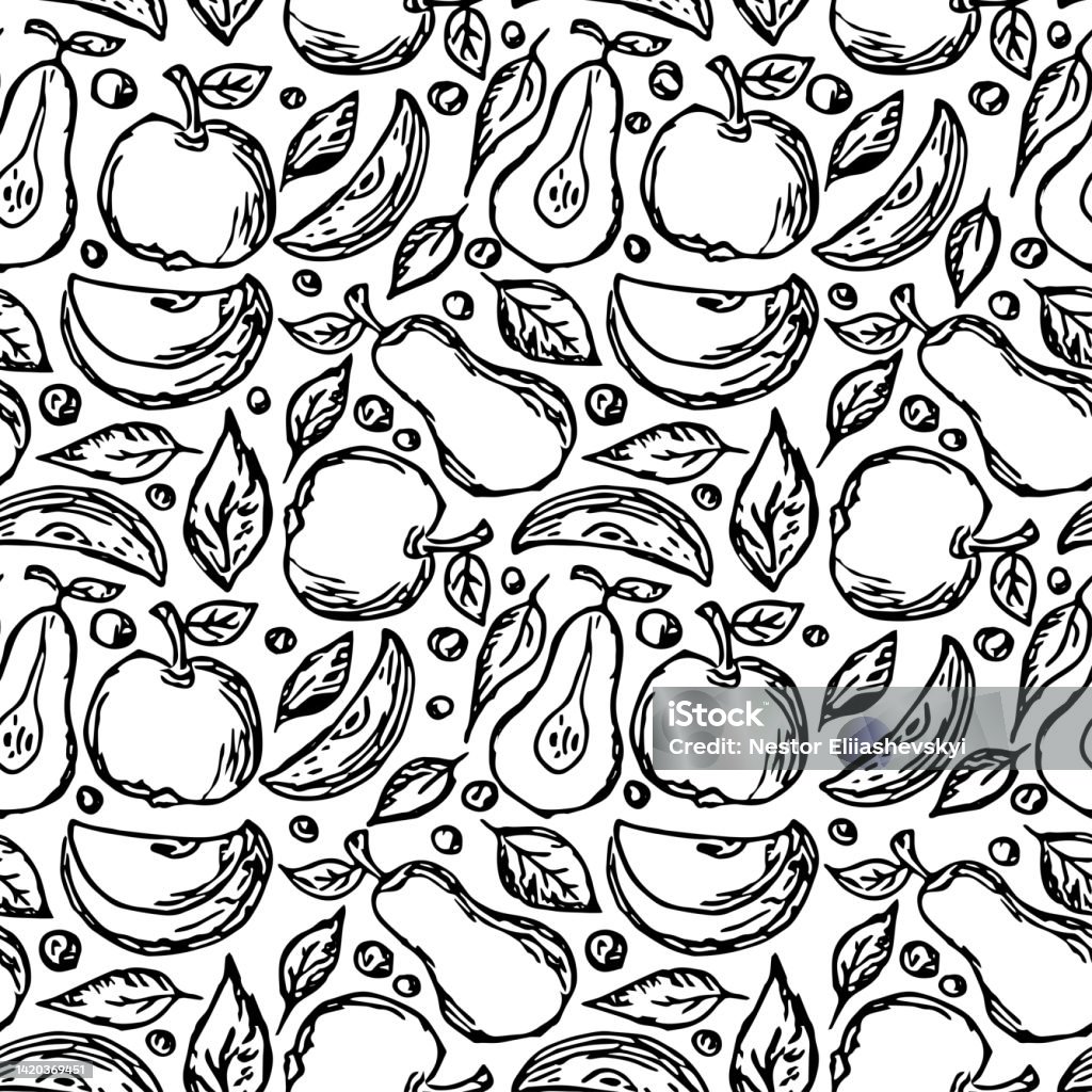 Seamless Fruit Pattern Apple And Pear Background Doodle Vector