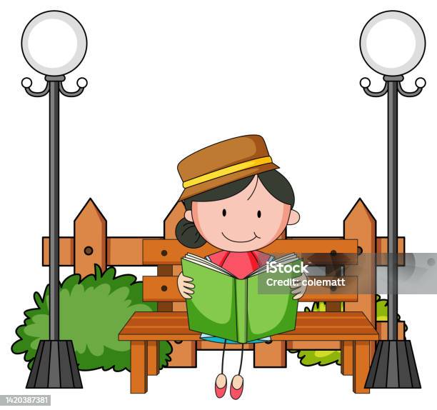 Cute Girl Reading Book Doodle Cartoon Character Stock Illustration