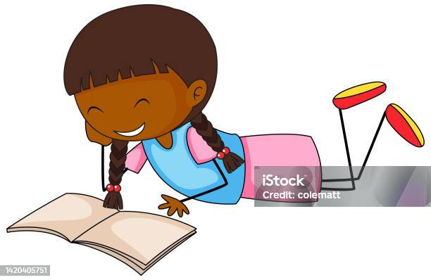 A Girl Reading Book Doodle Cartoon Character Stock Illustration