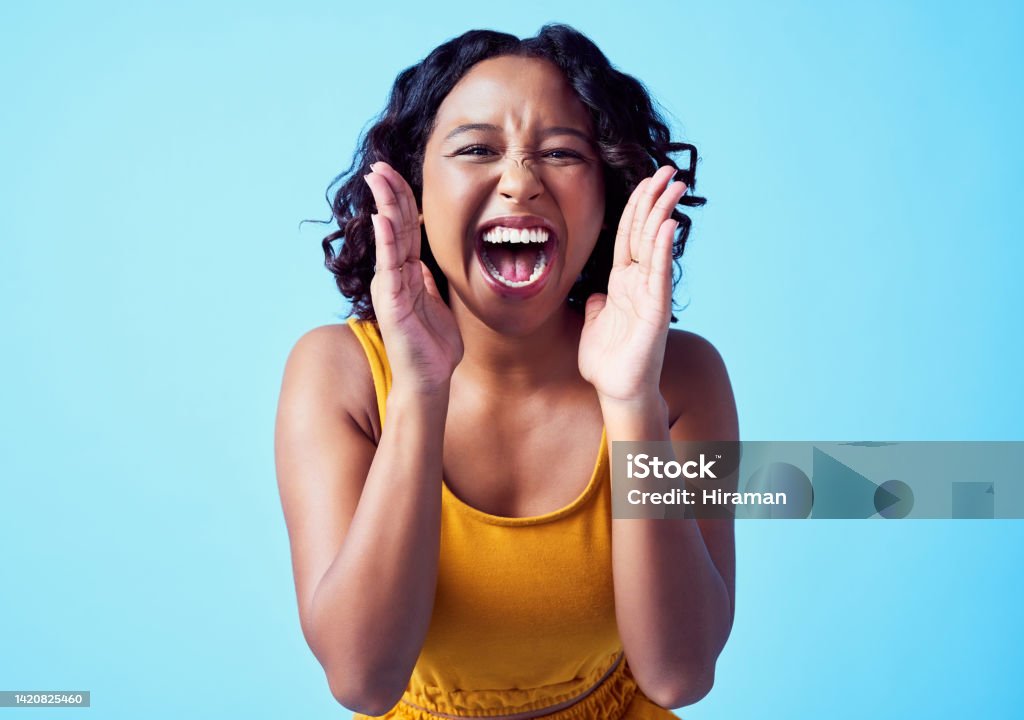 Happy Black Woman Hands To Her Face And Shouting With Open Mouth Noisy Girl Calling Out Loud