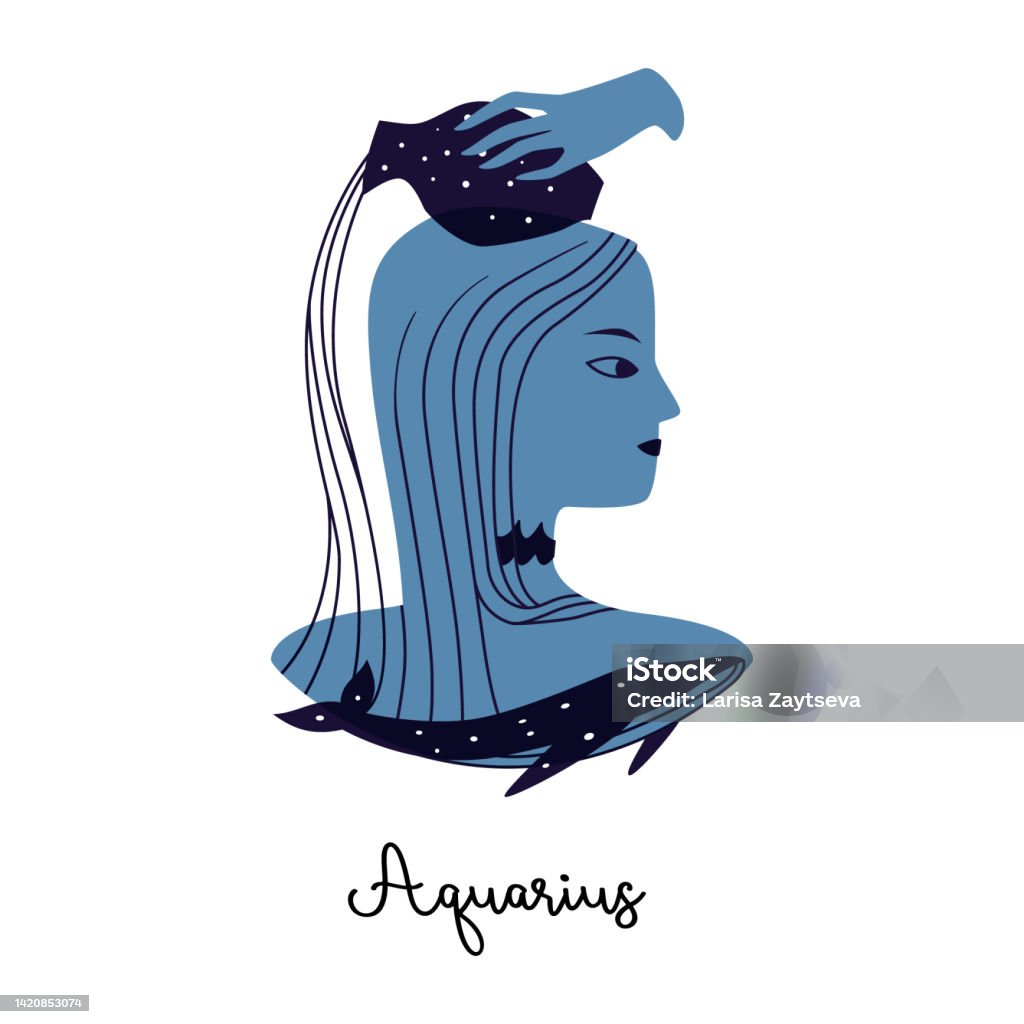 Aquarius Zodiac Sign Female Blue Silhouette With A Whale And A Jug