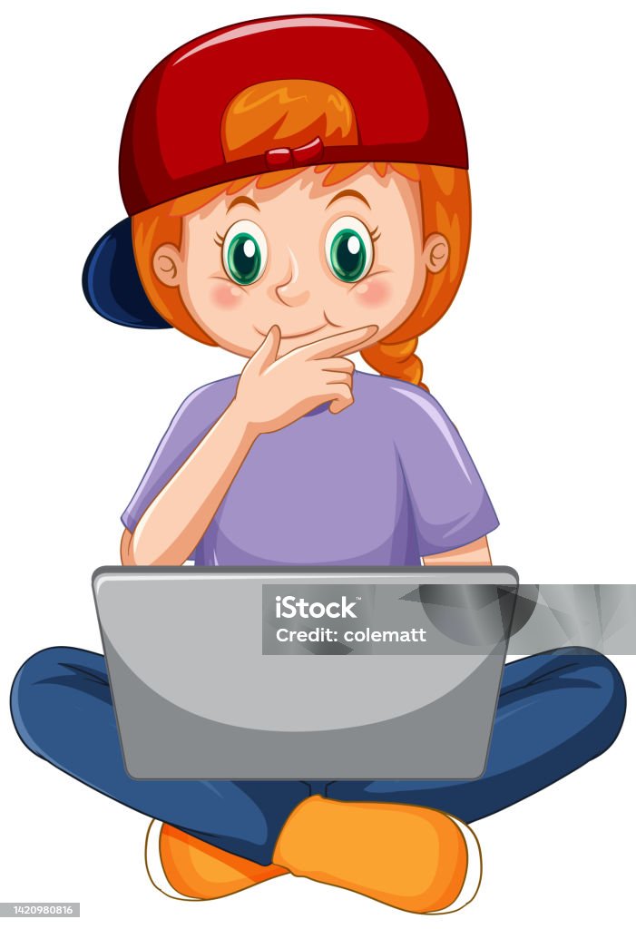 A Girl Using Laptop Cartoon Stock Illustration Download Image Now